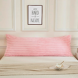 JAUXIO Faux Fur Fluffy Body Pillow Cover Luxury Striped Plush Decorative Body Pillowcase, Ultra Soft and Cozy Zipper Closure 21 x 54 Inches, Pink