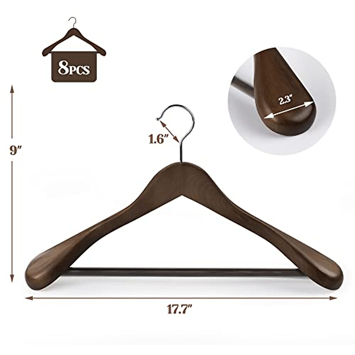 HOUÍSM 8Pack Wooden Coat Hangers Extra Wide Shoulder Wooden Suit Hangers with Non Slip Pants Bar, High-Grade Selected Lotus Wood Hangers for Business Outfit, Formal Dress, Heavy Jackets