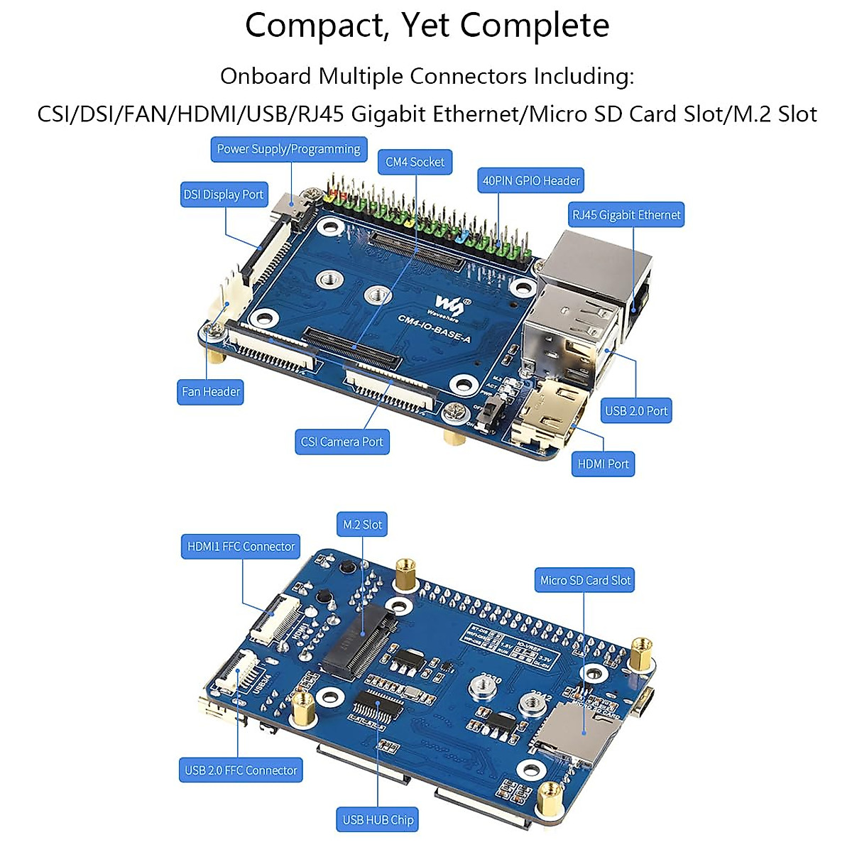 for Raspberry Pi Compute Module 4,Mini Base Board (A) with Standard CM4 Socket and Raspberry Pi 40PIN GPIO Header Onboard Multiple Connectors CSI/DSI/FAN/HDMI/USB/RJ45, etc.