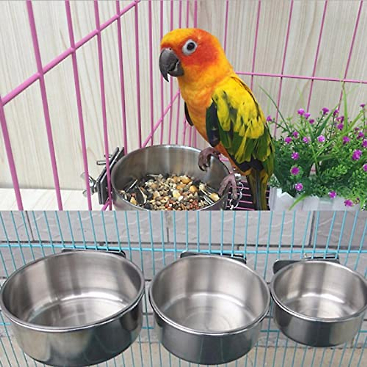 Lucky Interests 4 pcs Bird Feeding Dish Cups, Three Sizes Parrot Stainless Steel Food Bowl Bird Cage Water Feeder with Clamp Holder for Parrots Cockatiel Budgies Lovebird Parakeet with 4 Bird Spoon