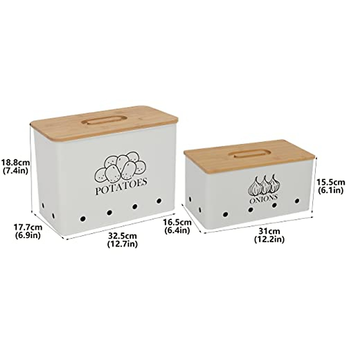 Xbopetda Potato Onion Storage Box, Food Container Sets, Storage Canisters for Vegeatables, Set of 2 Jars Pots Containers, Potato & Onion Bin with Aerating Tin Storage Holes & Bamboo Lid-White