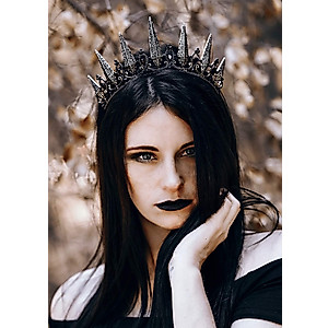 SWEETV Gothic Crown Pageant Tiara for Women, Black Queen Tiaras and Crowns, Witch Costume Party Accessories for Wedding Halloween Prom