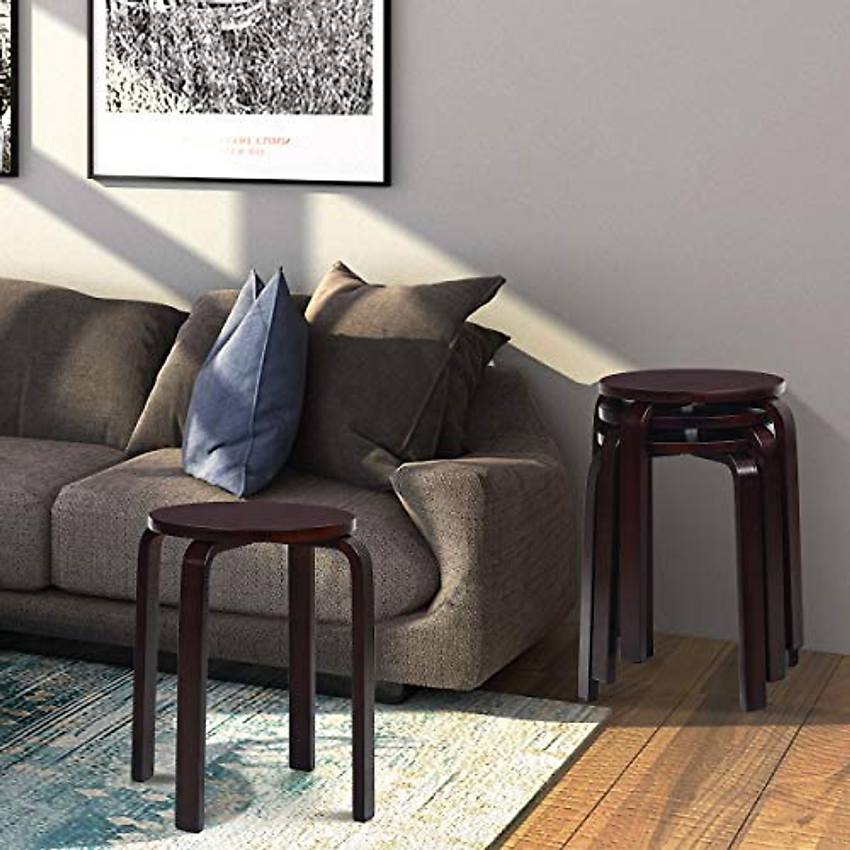 COSTWAY Stackable Bentwood Stools Set of 4, 18-Inch Height Backless Counter Chairs with Round Top, Anti-Slip Felt Pad, Portable School Stool for Dining Room, Kitchen, Classroom, Dark Coffee