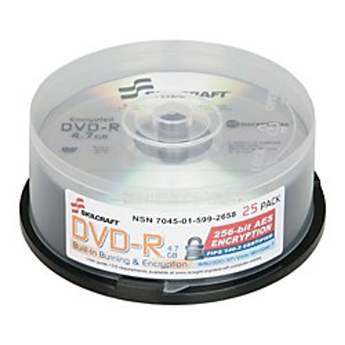 SKILCRAFT 7045-01-599-2658 Encrypted DVD-R on Spindle, 4.7GB Capacity, Silver (Pack of 25)