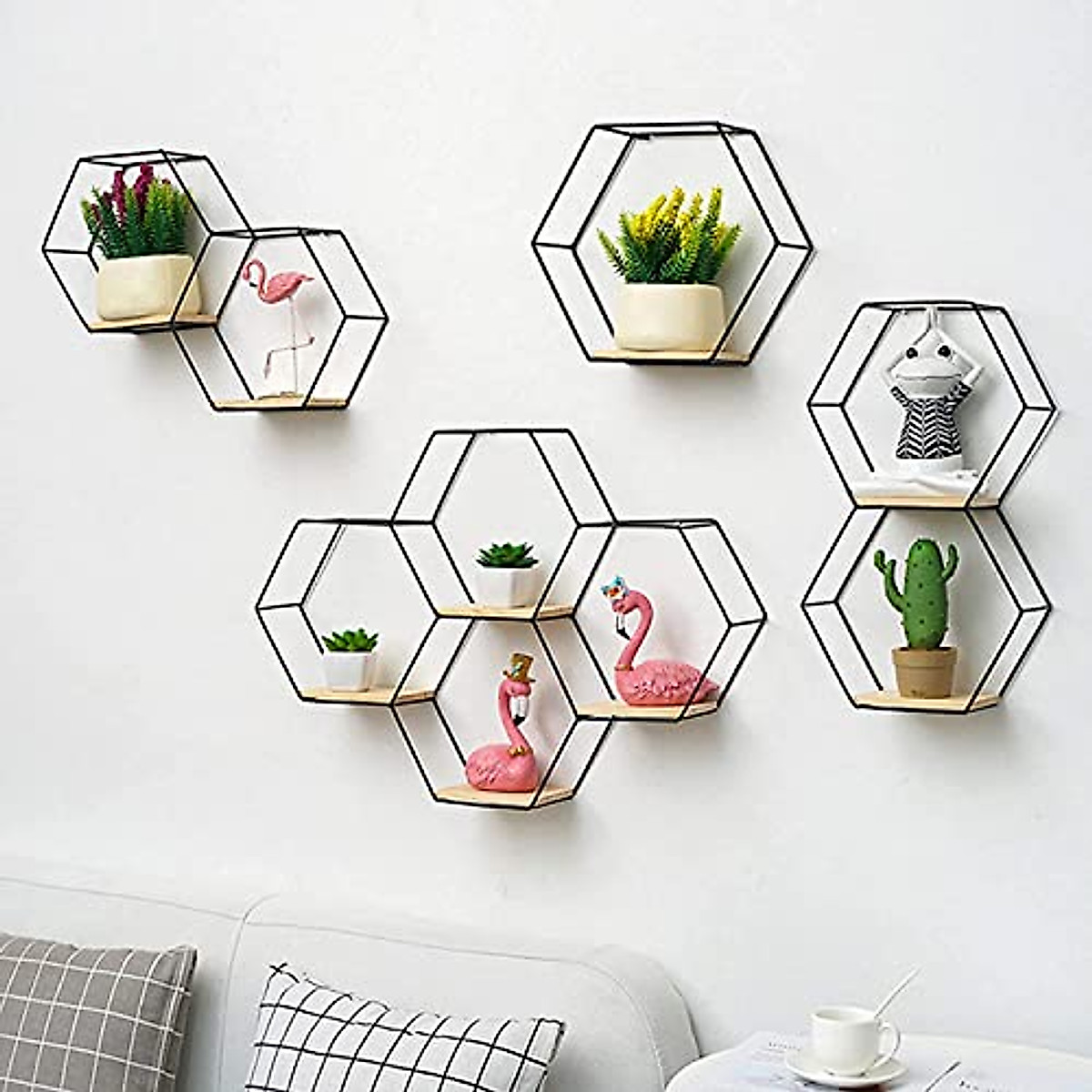 U-M Hexagon Floating Wood Book Shelves, Iron Storage Holder Wall-Mounted Multifunctional Nordic Style Geometric Firm Hexagonal Shelf for Home Bedroom Bathroom Black S1 Nice Design
