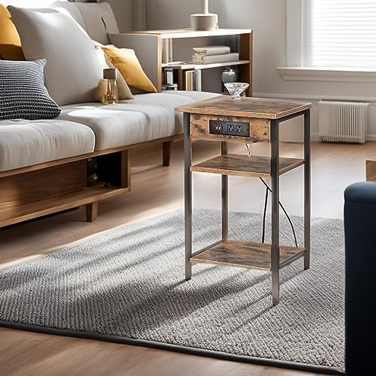 VGWHY End Table with Charging Station, 3 Tier Side Table with USB Ports and Power Outlets, Rustic Brown Night Stand for Living Room, Bedroom