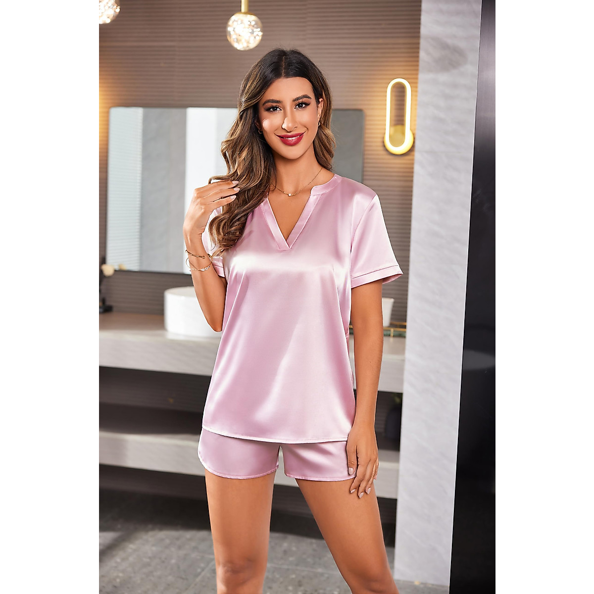 Ekouaer Silk Pajamas for Women Short Sleeve Sleepwear Two-piece Pjs Set Soft V Neck Loungewear Tops with Pj Shorts Pink XX-Large