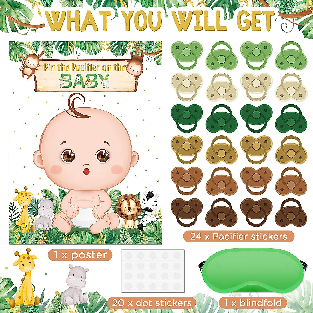 Faccito Pin the Pacifier on Baby Game Safari Jungle Baby Shower Game with Sage Green Animals Baby Poster Blindfold and 24 Pacifier Stickers for Baby Shower Birthday Party Decorations Supplies