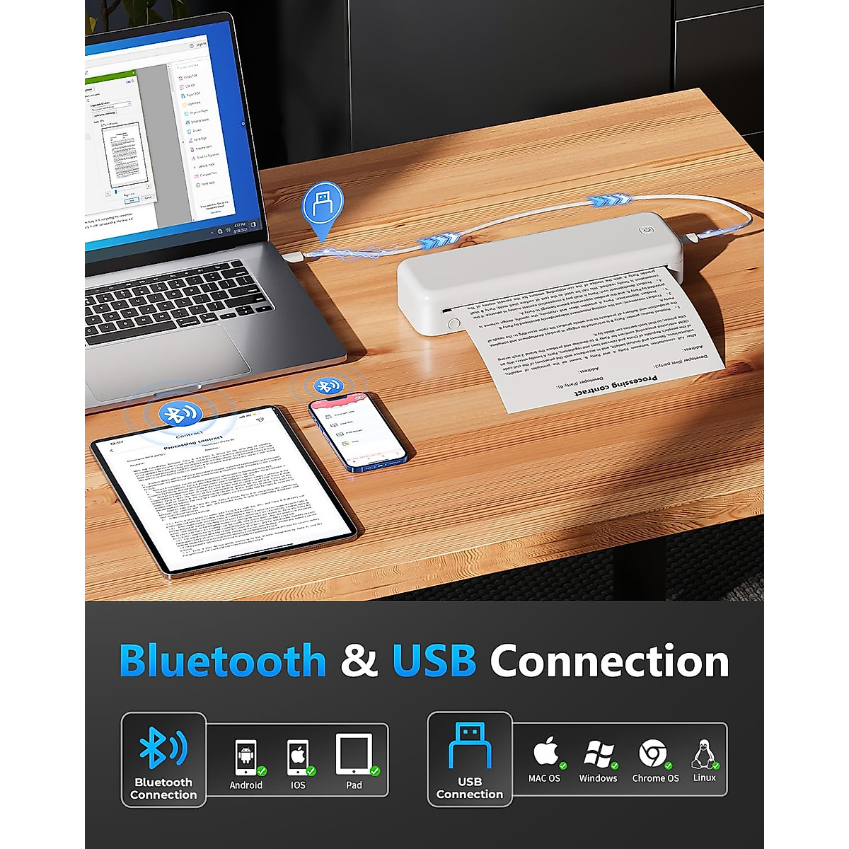 Itari M834 Upgraded Portable Printer, Bluetooth Thermal Printer, Wireless Inkless Printer Support 8.5" X 11" US Letter & A4 Thermal Paper for Office, Home, Travel, Compatible with Phone & PC, White