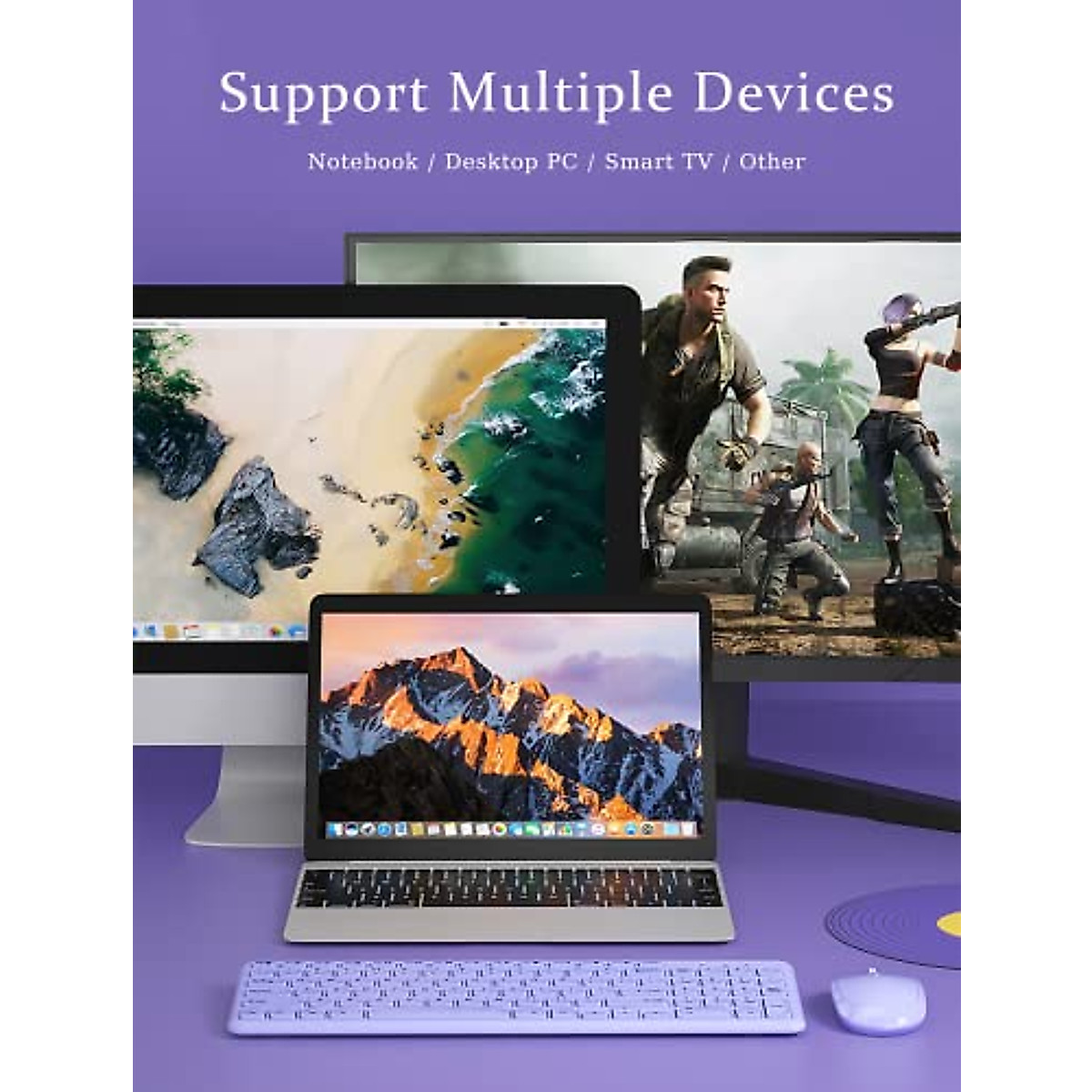 Wireless Ergonomic Keyboard and Mouse Combo, Sweet Mixed Color Cute Keyboard, 2.4G USB, Compatible with Computer, Laptop, PC Desktops, mac (Purple)