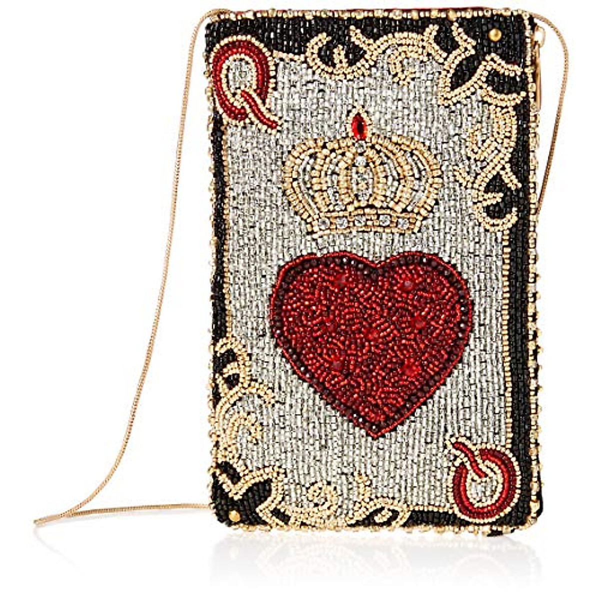Mary Frances Queen of Hearts Beaded Playing Card Crossbody Phone Bag, silver