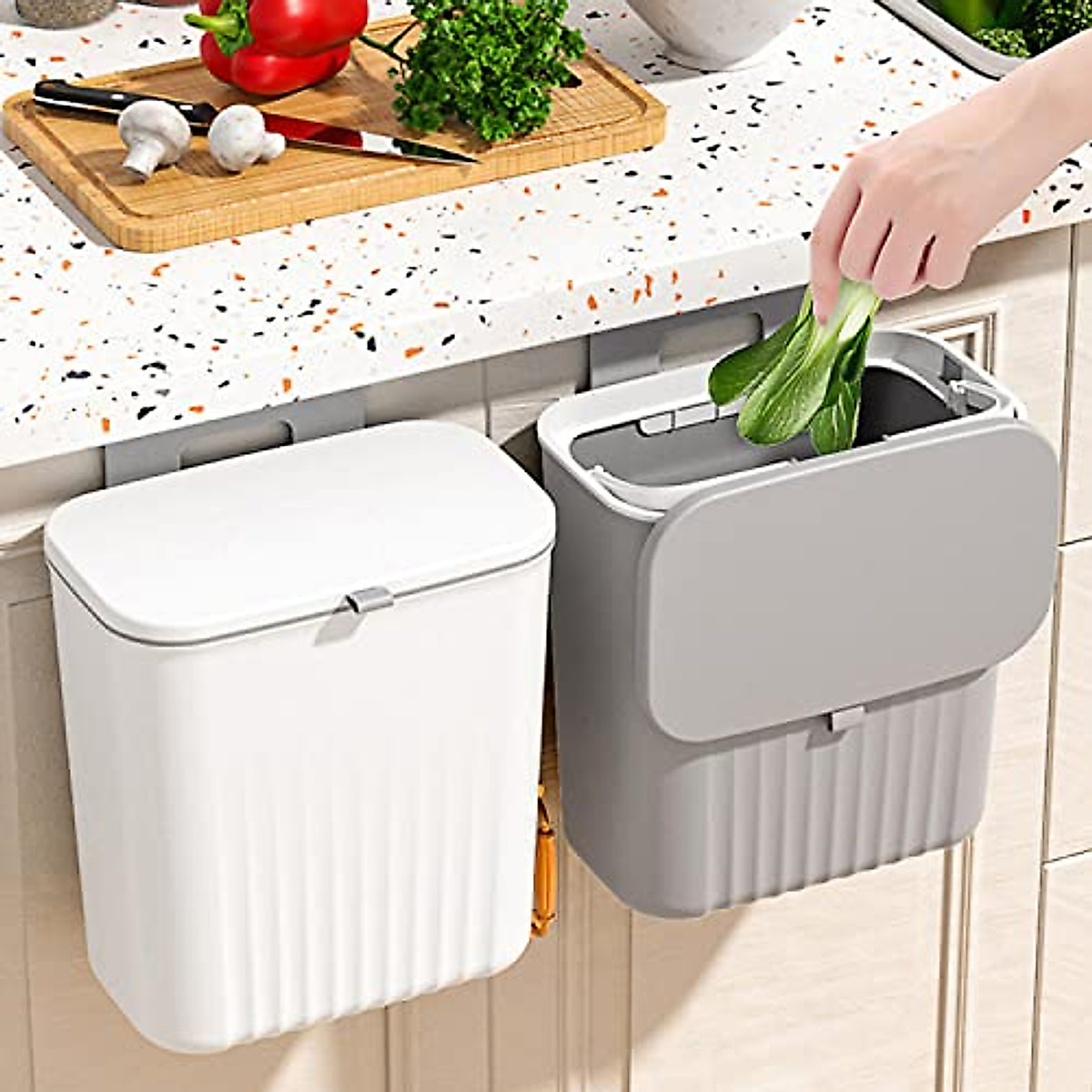 Hanging Kitchen Trash can with lid, Double-Sided Open lid Design, Kitchen Trash can, Kitchen Cabinet Door Hanging Wall Storage Bucket, Kitchen Compost bin, Door Hanging Mounted Trash can