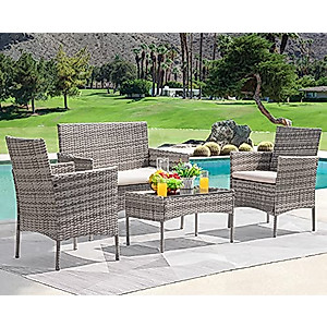 Greesum Patio Furniture 4 Pieces Conversation Sets Outdoor Wickerr Rattan Chairs Garden Backyard Balcony Porch Poolside loveseat with Soft Cushion and Glass Table, Gray and Beige