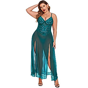 Avidlove Women's Plus Size Badydoll Lace Lingerie Long Dress Strap Chemise Nightgown Blue Green