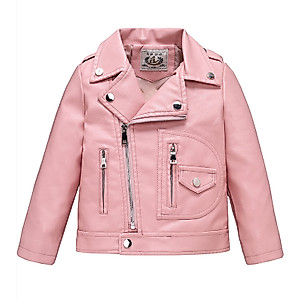 LOKTARC Boys Girls Faux Leather Jacket for Kids Motorcycle Biker Leather Jackets Pink 7-8 Years/Size 140