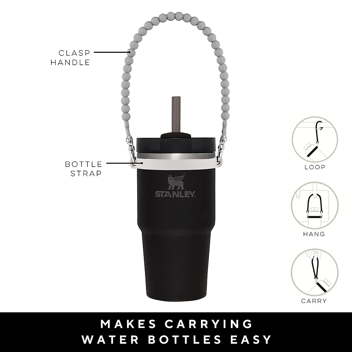 Ryan & Rose Water Bottle Handle - Water Bottle Sling, Carrier, Holder with strap - Soft Durable Silicone - Fits Most 8-40oz Bottles - Compatible Stanley Cup Accessories (Black)