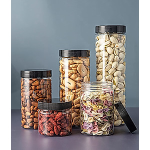 Lawei 8 Pack 34 oz Clear Plastic Jars with Black Lids - Plastic Food Storage Jars for Kitchen & Household Storage of Dry Goods, Nuts, Cookie and more