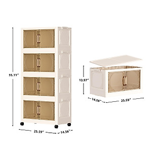 YUEXINKJ Plastic 4 Tier Storage Bins with Lids,Folding Storage Box with Doors and Wheels Stackable Storage Bins,Closet Organizers and Storage for Living Room,Office,Dorm