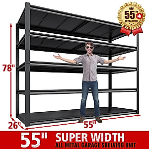 REIBII 78" H Garage Shelving, 55" W Storage Shelves 3000LBS Heavy Duty Shelving 5 Tier Adjustable Metal Shelving Unit for Storage Rack Garage Shelves Industrial Storage Shelf 55" W x 26" D x 78" H