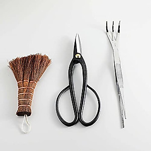 Wazakura Japanese Bonsai Garden 3PCS Tool Starter Kit, Made in Japan, Ashinaga Bonsai Scissors, Stainless Tweezers with Rake, Chinese Broom. Beginner Set with Shears, Tweezers and Soil Brush