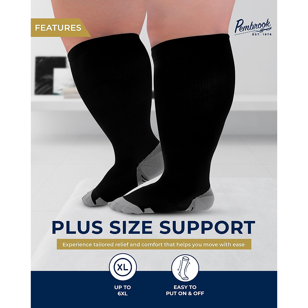 Pembrook Plus Size Compression Socks Wide Calf - Up to 6XL | Black Wide Calf Compression Socks Women Plus Size | Circulation Support Extra Wide Calf Compression Socks