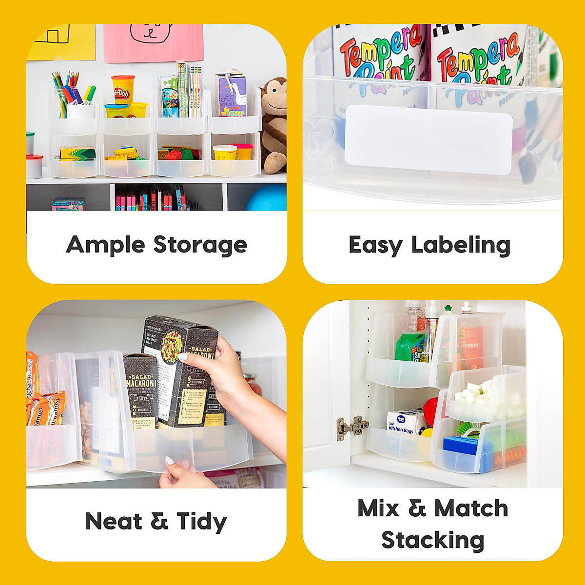 IRIS USA Inc. 11" x 6" x 5" Medium Plastic Stackable Open Front Organizer bin Caddy Basket for Refrigerator Freezer Kitchen Pantry Cabinet Workshop Garage Classroom Office Crafts Supplies 4 Pack Clear