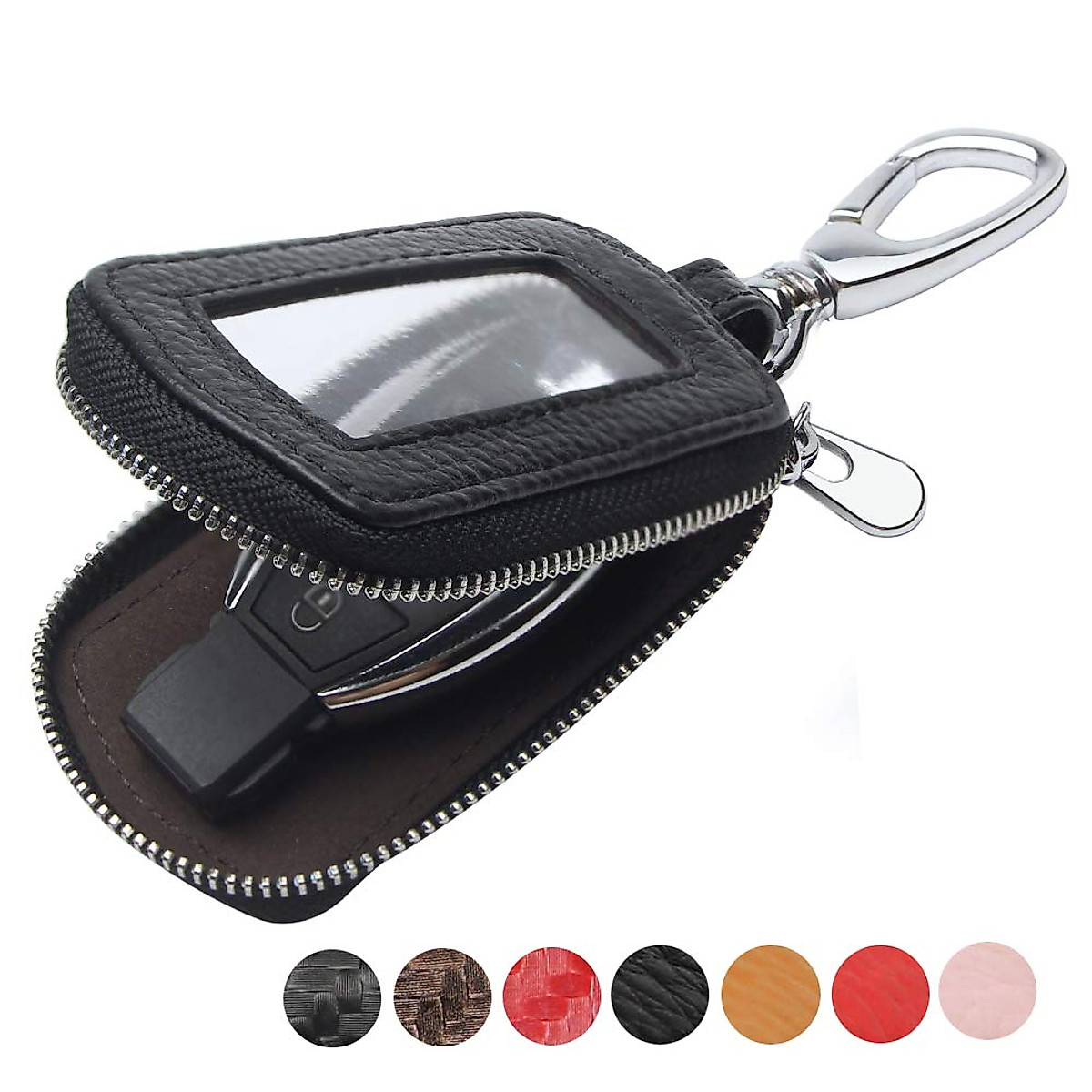 VSLIH Universal Vehicle Car Key case Genuine Leather Car Smart Key Chain Keychain Holder Metal Hook and Keyring Zipper Bag for Remote Key Fob