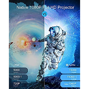 1080P Full HD Projector, 15000 Lumens Portable Movie Projector, FunFlix 300" WiFi Projector Bluetooth Projector, Home Theater Video Projector Compatible with HDMI, VGA, USB, AV, Laptop, Smartphone