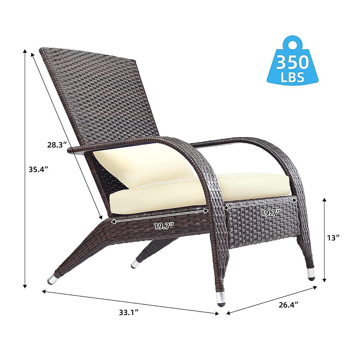 Adirondack Chairs Set 2 Outdoor Wicker Rattan Fire Pit Chairs Oversized Comfy Relax Accent Patio Chairs with Soft Cushion Low Deep Seating Tall Curved Backrest for Outside Backyard Deck Porch Cream