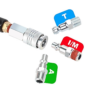 Hromee 1/4 in x 30 ft Polyurethane Recoil Air Compressor Hose with Bend Restrictors Compressor Hose with 1/4" Industrial Universal Quick Coupler and 4PCS I/M Plug Kit, Red