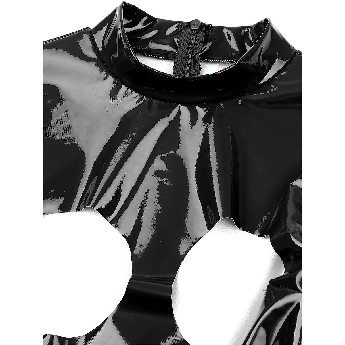 ACSUSS Womens Hollow Out Crotchless Jumpsuit Open Chest Long Sleeve Mock Neck Patent Leather Bodysuit Black Medium