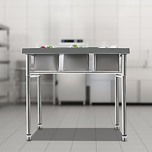 Florchest Standing Three Bowl Kitchen Sink Set, 3 Compartment Commercial Kitchen Sink Stainless Steel/Garage Prep & Utility Sink for Restaurants Kitchen, Laundry Room,Outdoor