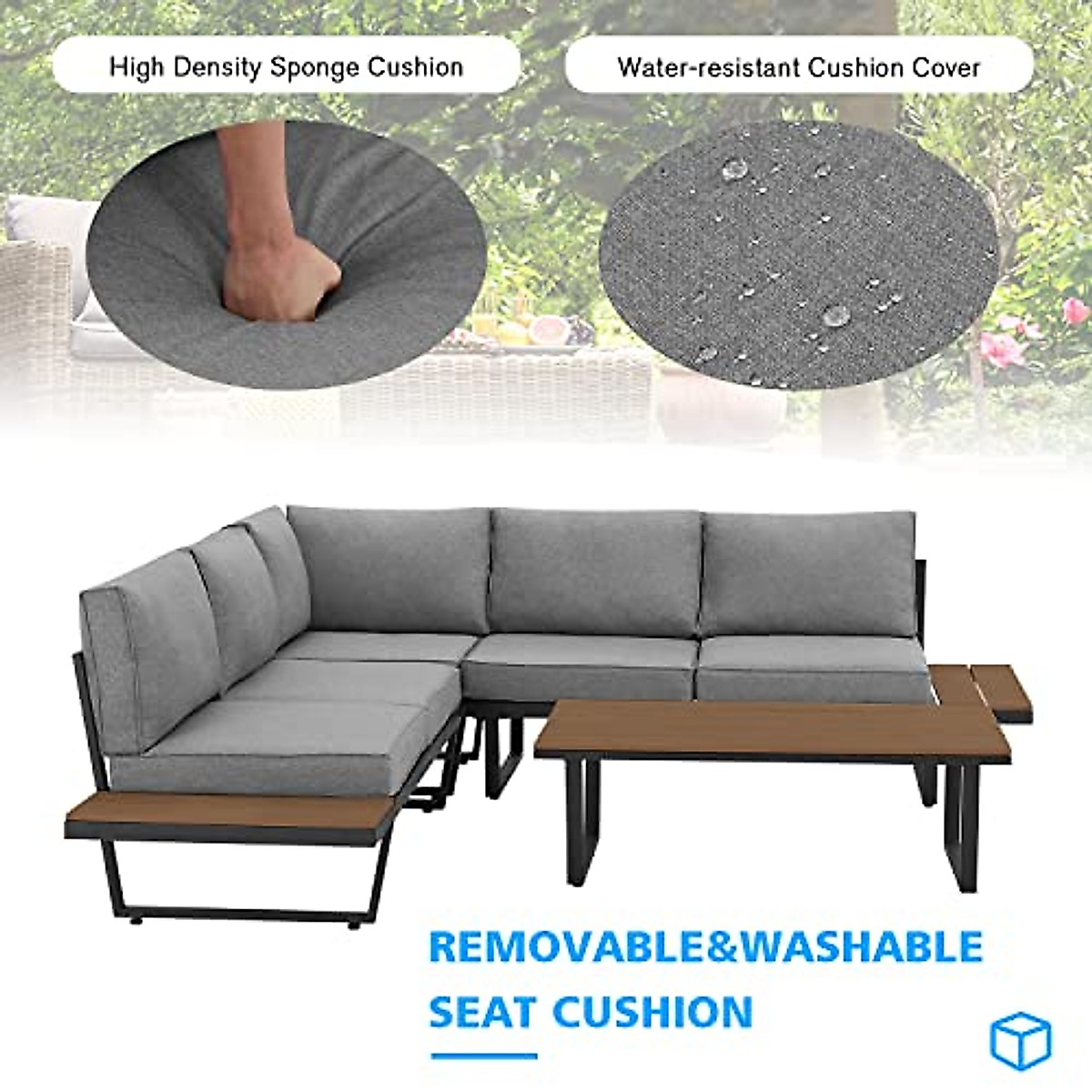 EROMMY 4 Pieces Outdoor Sectional Sofa Set with Coffee Table, 91''×91'' Extra Large L-Shaped Metal Conversation Set with All-Weather Gray Cushion and Built-in Side Table for Patio, Garden, Backyard