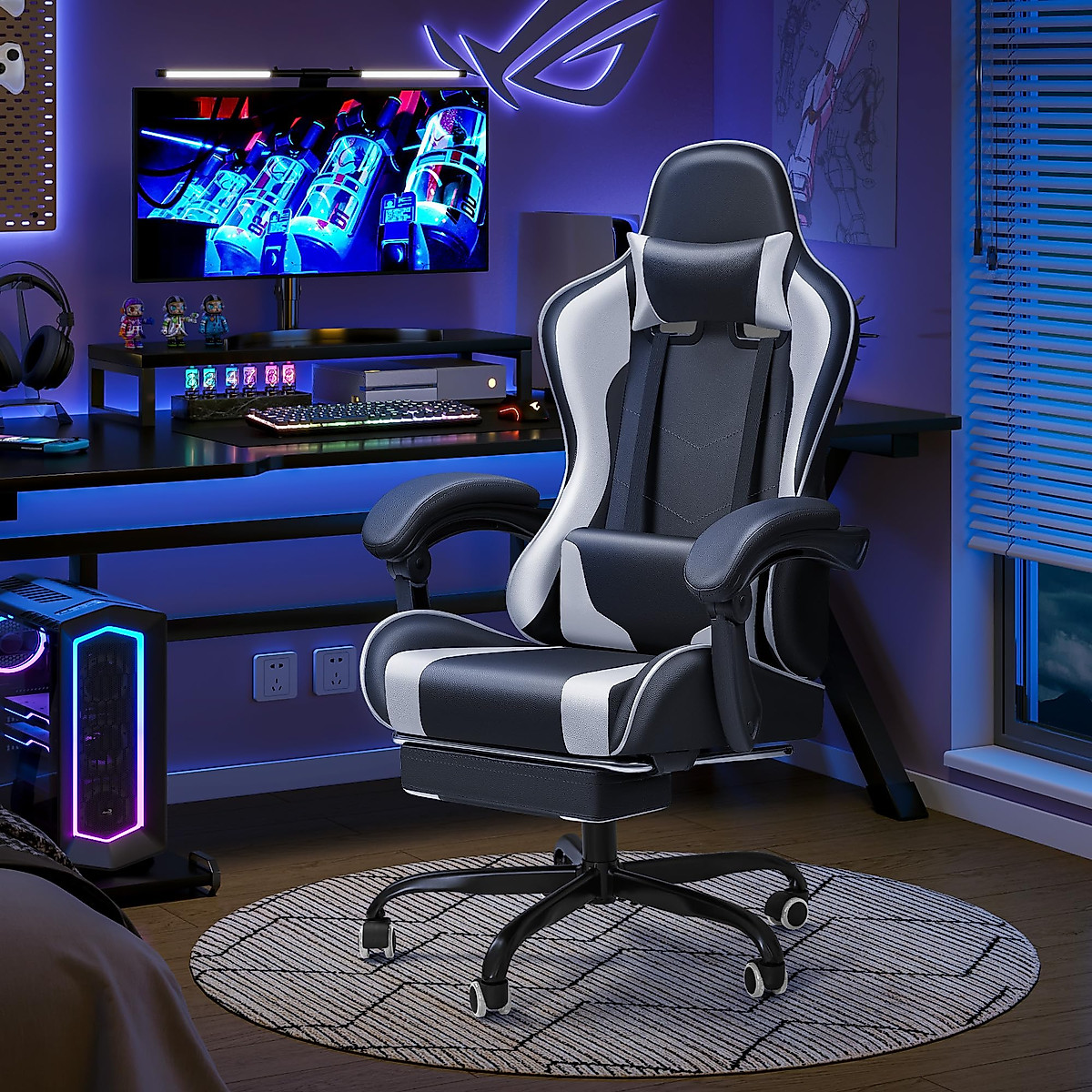 JUMMICO Gaming Chair Ergonomic Computer Chair with Footrest and Massage Lumbar Support, Height Adjustable Video Gaming Chair with 360° Swivel Seat and Headrest (White)