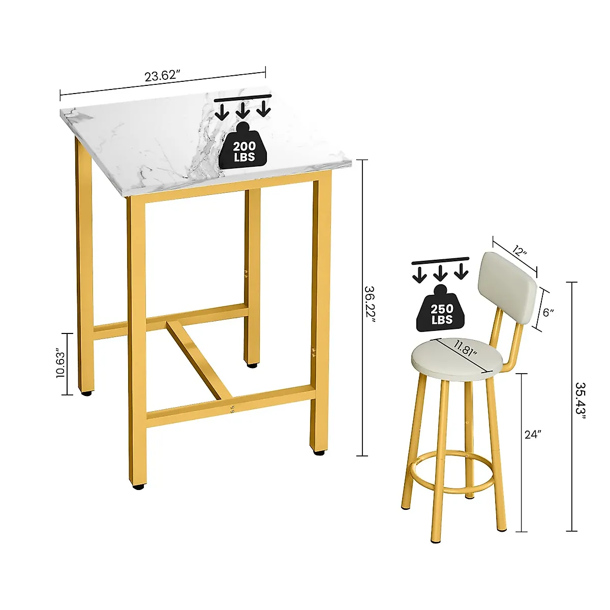 Lamerge 3 Pieces Bistro Dining Set for 2 Kitchen Square Breakfast Table Set Bar Table Space Saving Faux Marble Top and Upholstered Chairs Set for Apartment Dining Room with Gold Metal Frame