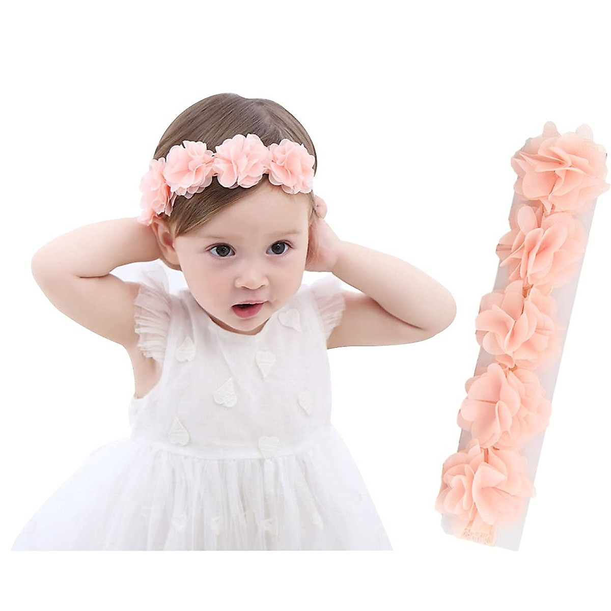 Baby Toddler Elastic Chiffon Flower Headbands Princess Girls Hand Sewing Beads Flower Headwear Nylon (QJ318)