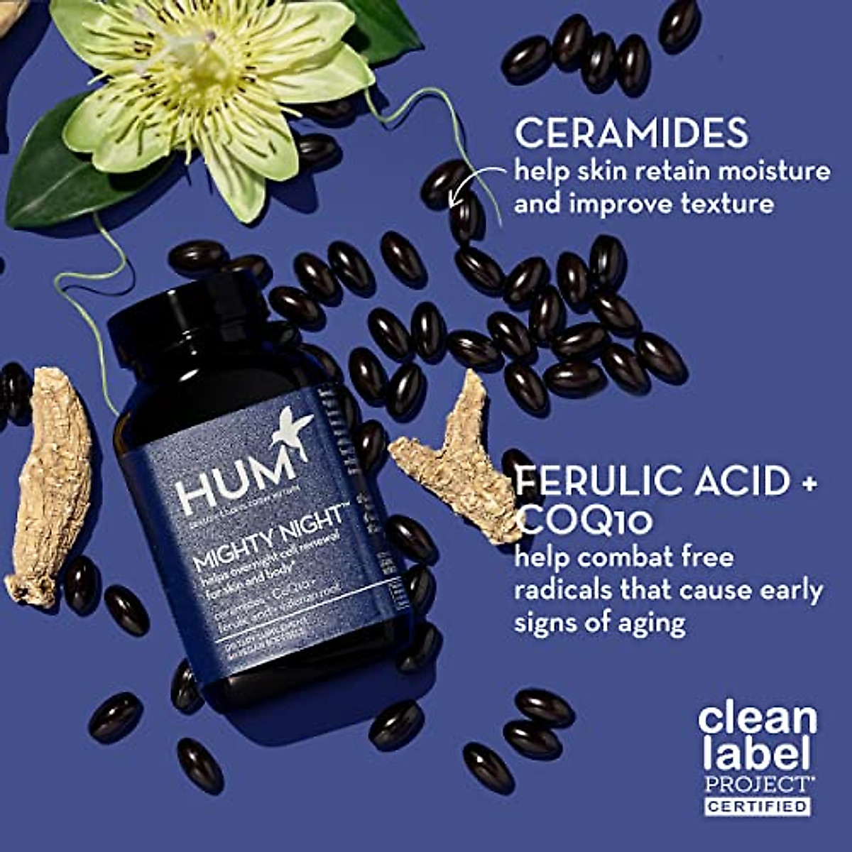 HUM Mighty Night - Nighttime Skin Supplement with Moisturizing Ceramides + Anti Aging CoQ10 and Ferulic Acid to Promote Skin Cell Turnover Overnight - Nighttime Beauty Vitamins for Women (60 Softgels)