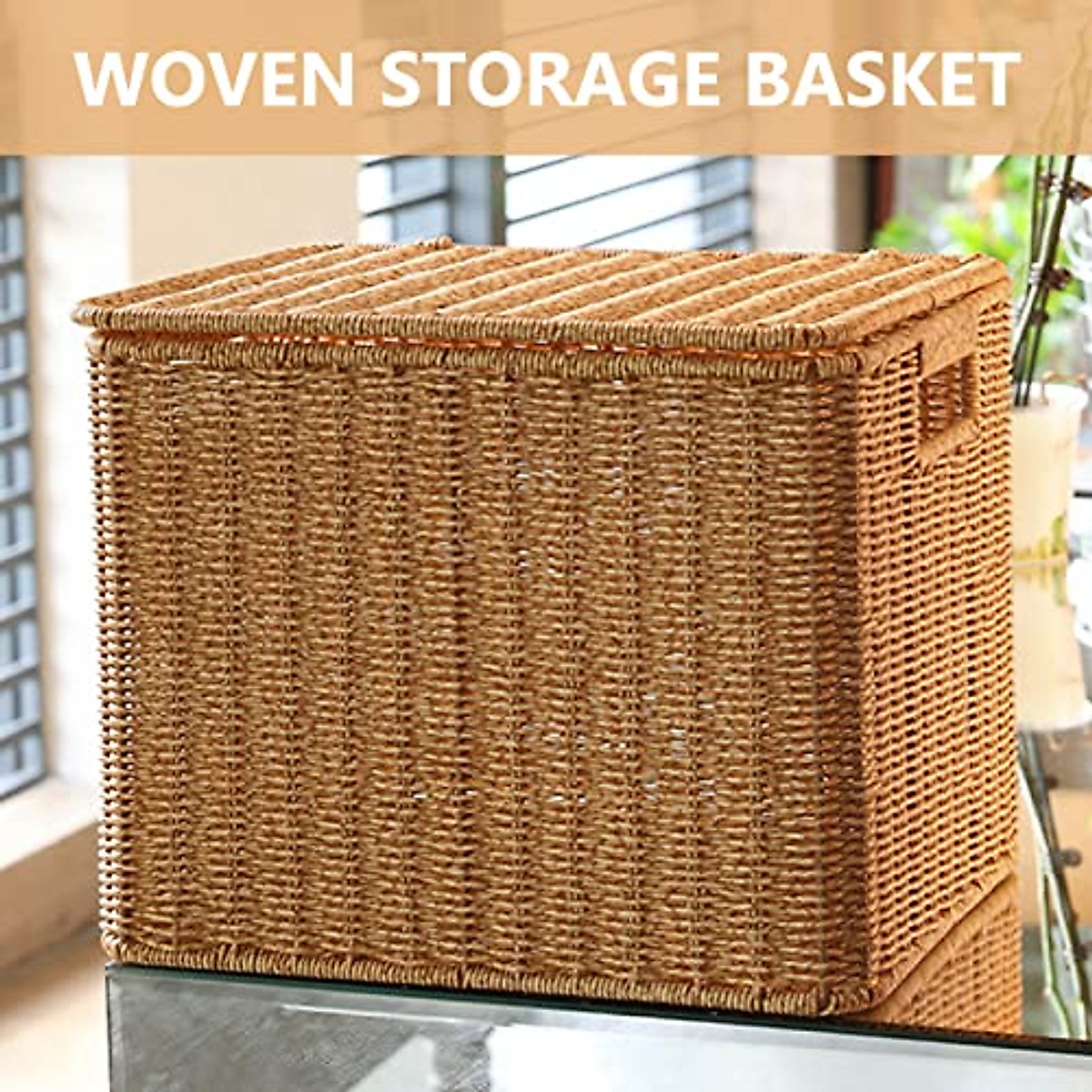 Zerodeko Baskets Woven Basket Wicker Basket Organizer with Lid Handwoven Seagrass Storage Bins Box Rectangular Plastic Basket Storage Organizer Wicker Basket for Home Office Shelf Storage Basket