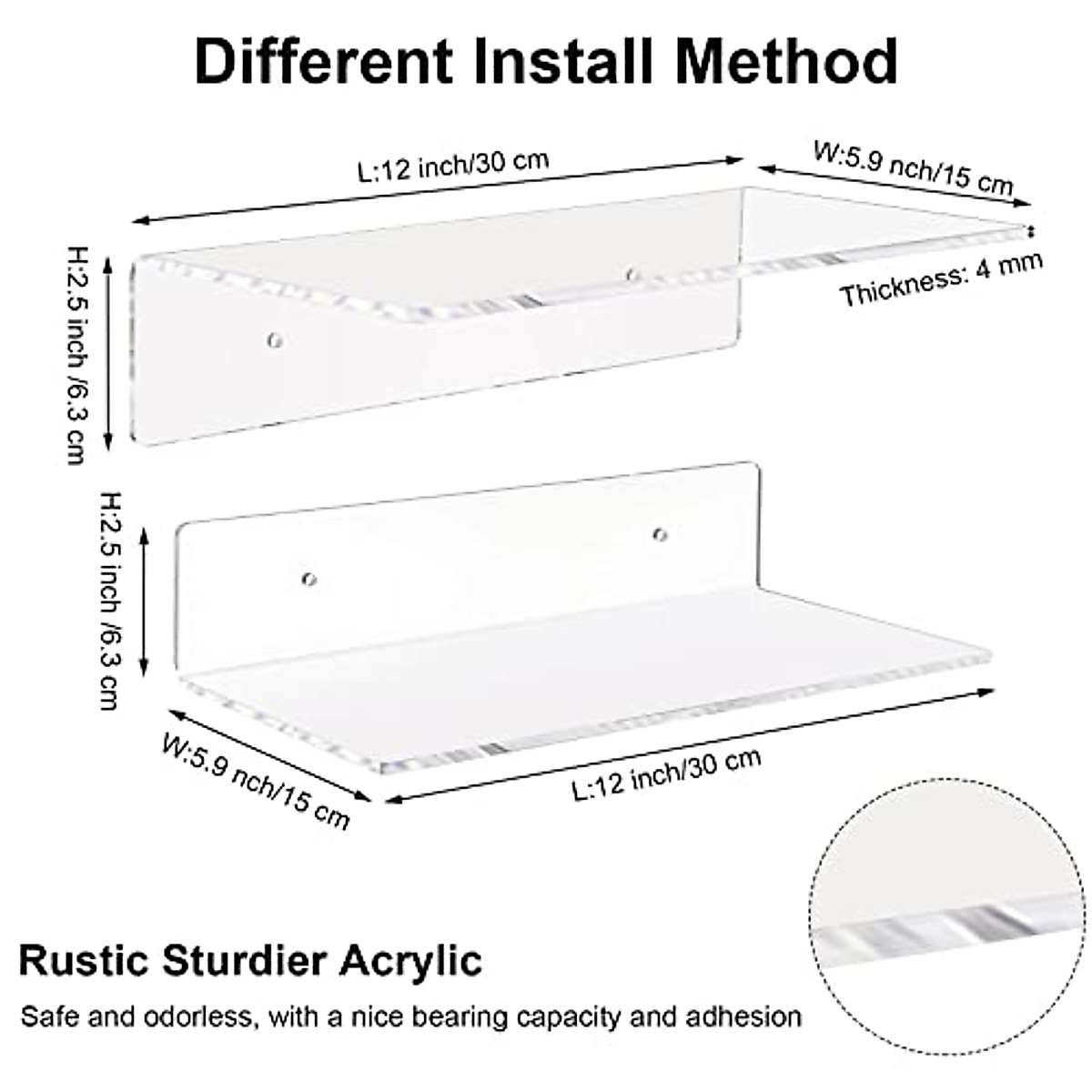 Vinsot 8 Pack Acrylic Floating Shelves 12 Inch Clear Acrylic Shelf Acrylic Wall Display Shelf 4 mm Thick Invisible Acrylic Book Shelves for Bedroom, Living Room, Bathroom, Office Wall (8 Pack)