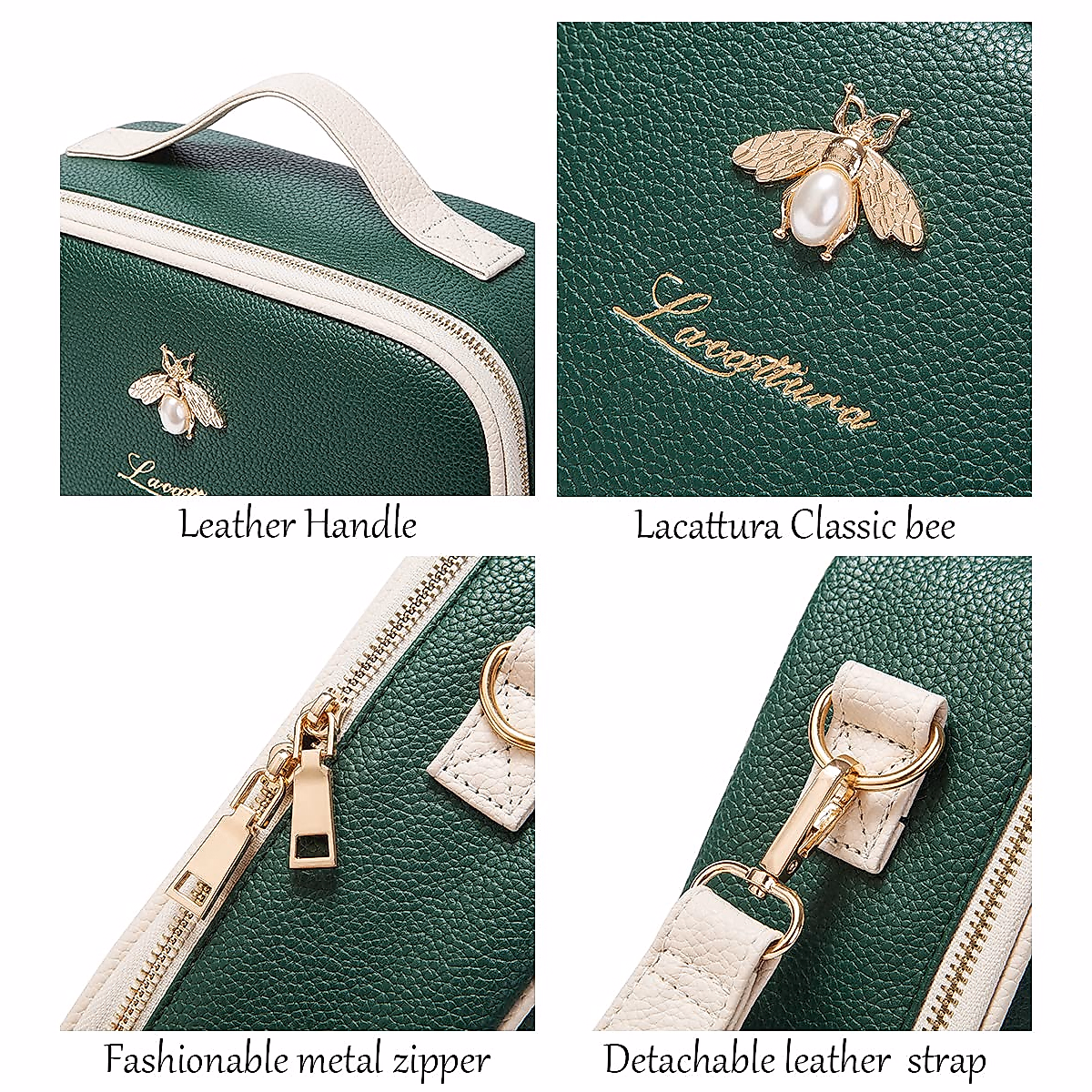 LACATTURA Travel Makeup bag, Leather Makeup Train Case Cosmetic Organizer for Makeup Brushes Toiletry Digital Accessories, Portable Artist Storage Bag With Shoulder Strap for Women lady Green