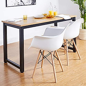 CangLong Natural Wood Legs Mid Century Modern DSW Molded Shell Lounge Plastic Arm Chair for Living, Bedroom, Kitchen, Dining, Waiting Room,2 PCs Pack- White, Set of 2, White