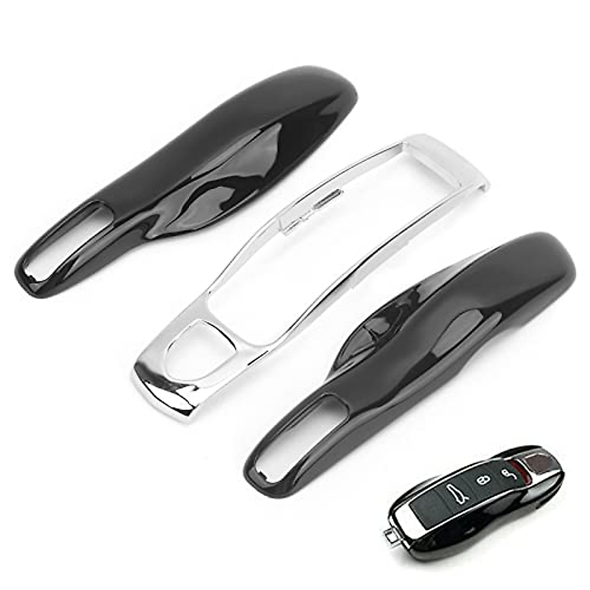 Fydun Key Case Cove Car Remote Key Fob Shell Case Trim Protective Cover for Porsche 911 Panamera Macan Boxster(Baked black + silver shell)