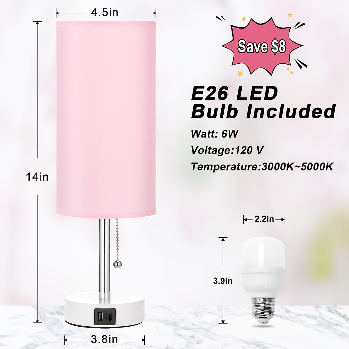 Hong-in Pink Bedside Lamp - 3 Color Modes, Small Lamp with USB-C and USB-A Charging Ports, Pull Chain, Nightstand Light for Bedroom, Office, Kids Room (Bulb Included)