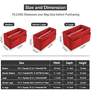 OMYSTYLE Red Purse Organizer Insert for Handbags, Felt Bag Organizer for Tote & Purse, Tote Bag Organizer Insert with 5 Sizes, Compatible with Neverful Speedy and More