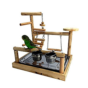 Borangs Parrots Playstand Bird Playground Wood Perch Training Stand Cockatiel Playpen Ladders Birds Swing Wood Gym Tabletop with Feeder Cups Toys Exercise Play(Design B)