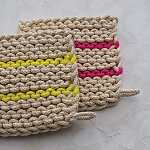 Creative Co-Op Square Cotton Crocheted Neon Stripes, Set of 2 Styles, Multicolor Pot Holder, Multi