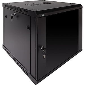 NavePoint 9U Server Rack Enclosure - 23.6” Deep, 9U Wall Mount Network Cabinet with Locking Glass Door for 19” IT Equipment, 9U Network Rack with 2 Fans, Removable Side Panels, Black
