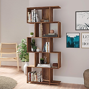 Manhattan Comfort Petrolina Bookshelf with 5 Zig-Zag Cubbies & Open Shelves, Unique Mid Century Modern Bookcase, Ideal for Living Room, Office, Bedroom, Display Ornaments, Trophies, Photos, Nut Brown
