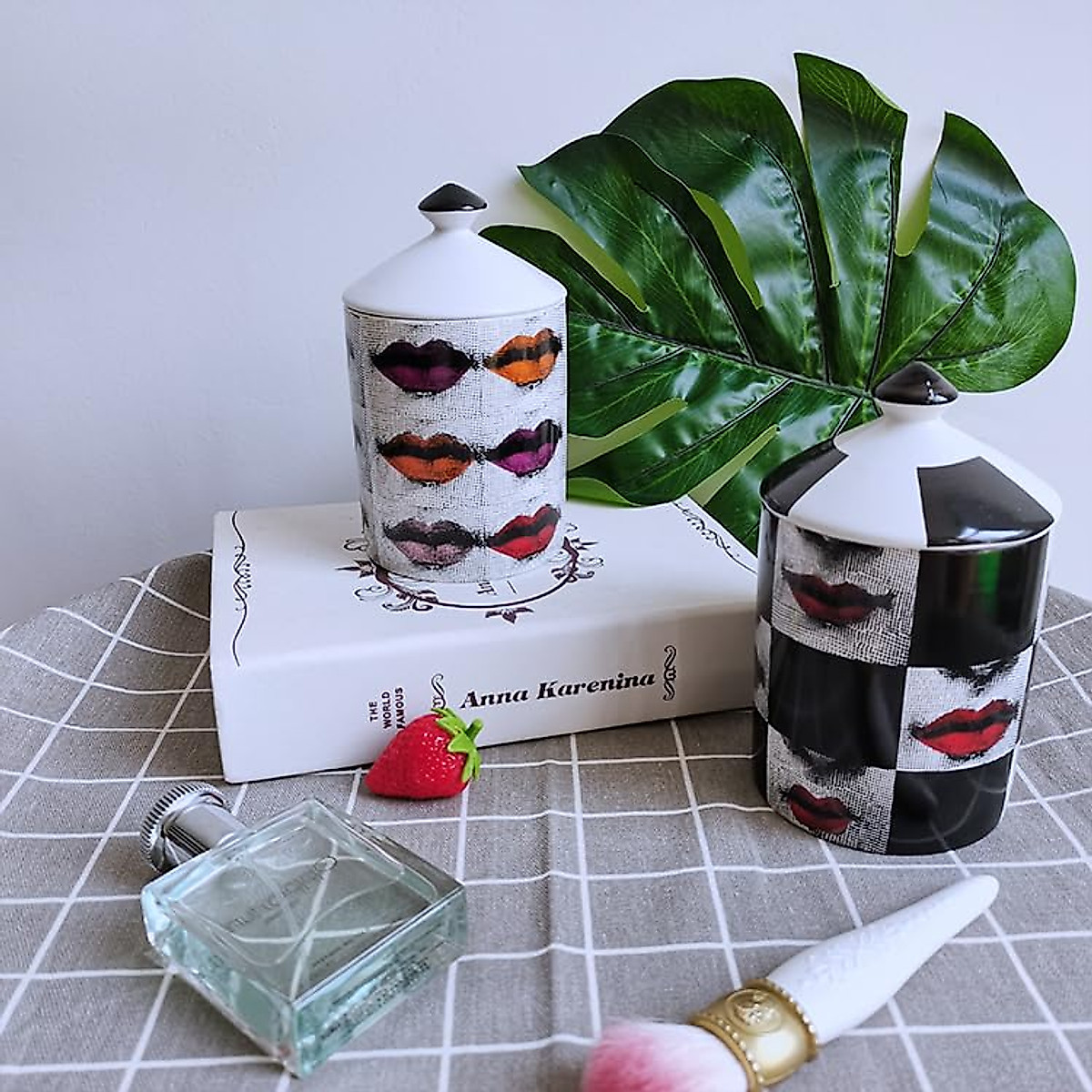 AlphaDesignLuxe Decorative Candle Holder Handcrafted Aromatherapy Candle Jar Italian Designer Décor Fashionable Tabletop Vase Modern Art Female Face Eyes Lips Centerpiece. (Red Lips Black Squares)