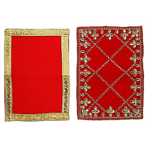 Set of 2 Red Velvet Pooja Cloth Mat Aasan Decorative Cloth (Size:-7 Inches X 10 Inches,) for Multipurpose Puja Indian Traditional Festival Decorations Item and Article Gift